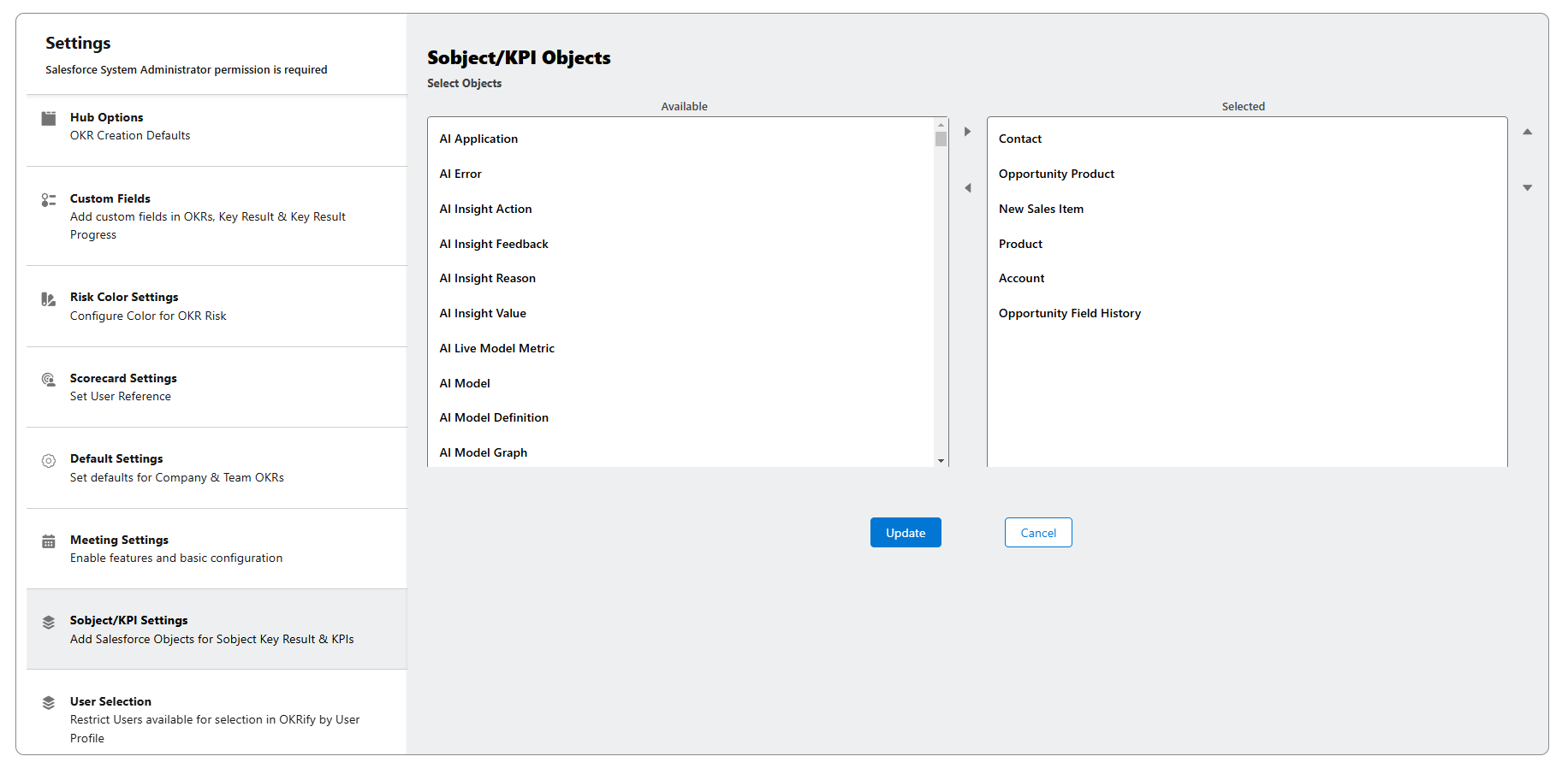 Sobject/KPI Objects Settings - OKRify